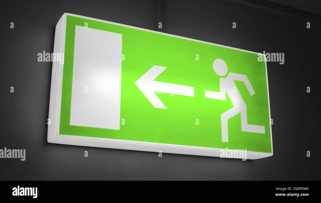 Green exit sign light. 3D illustration Stock Photo - Alamy