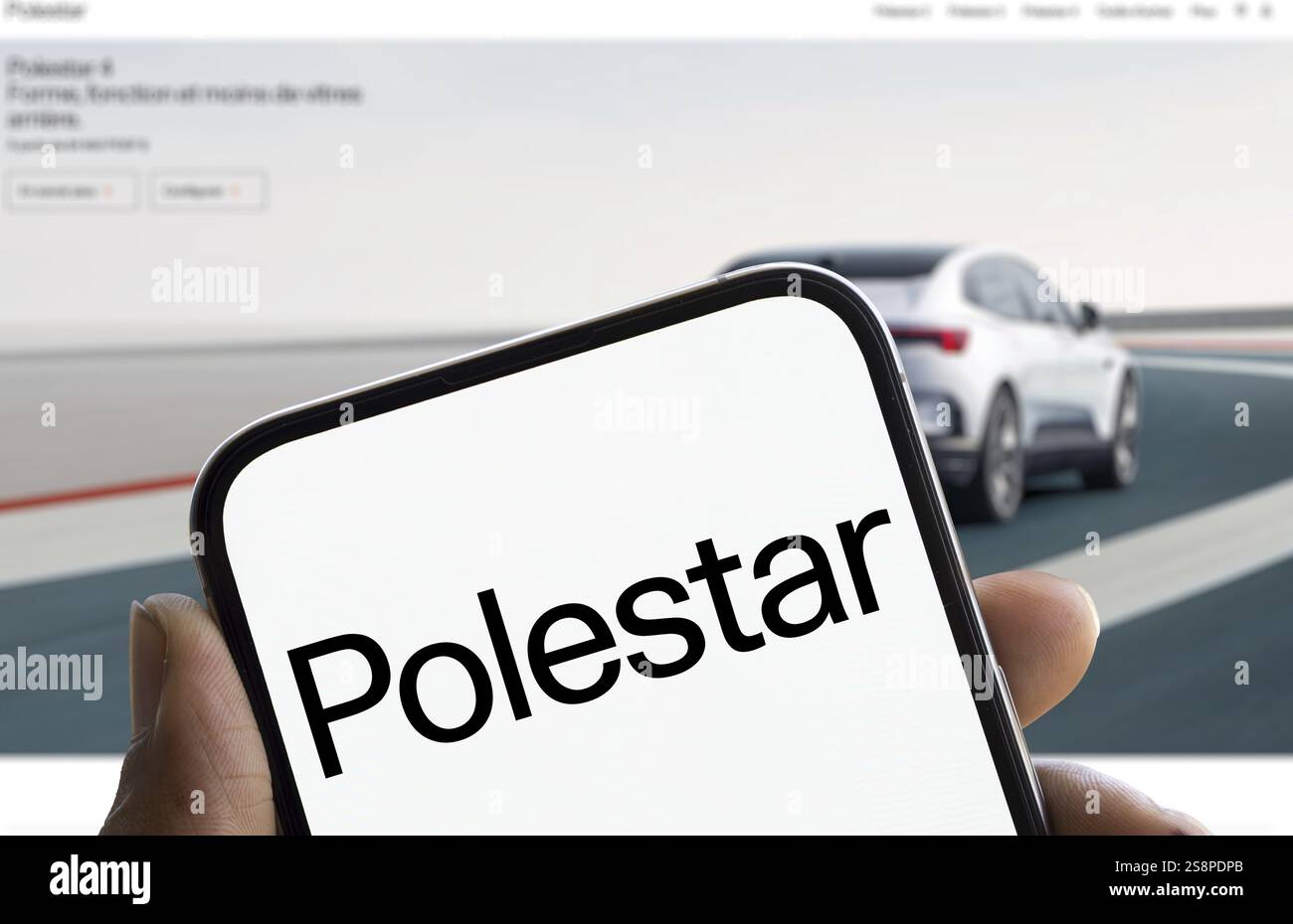 Polestar logo is displayed on smartphone. Polestar is a Swedish ...