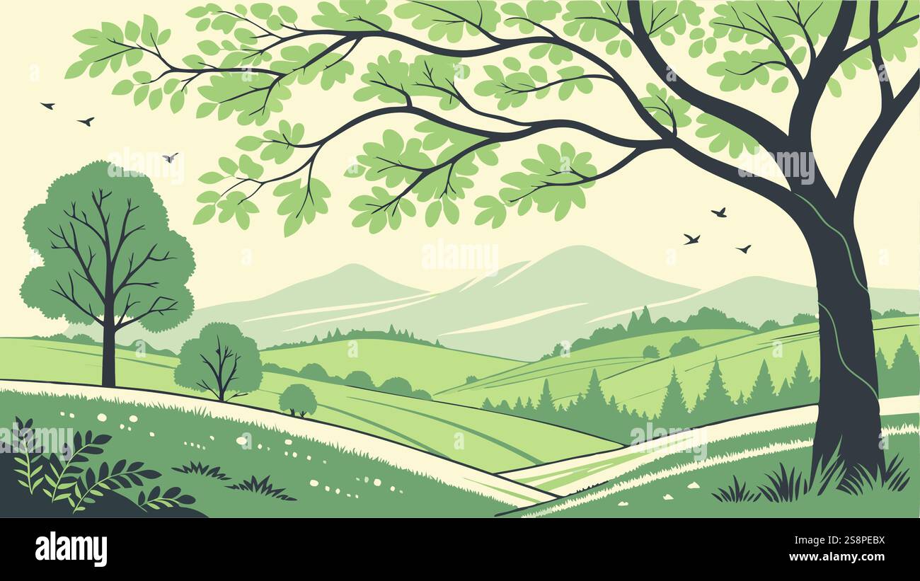 Vector illustration in flat style. Spring landscape with trees ...