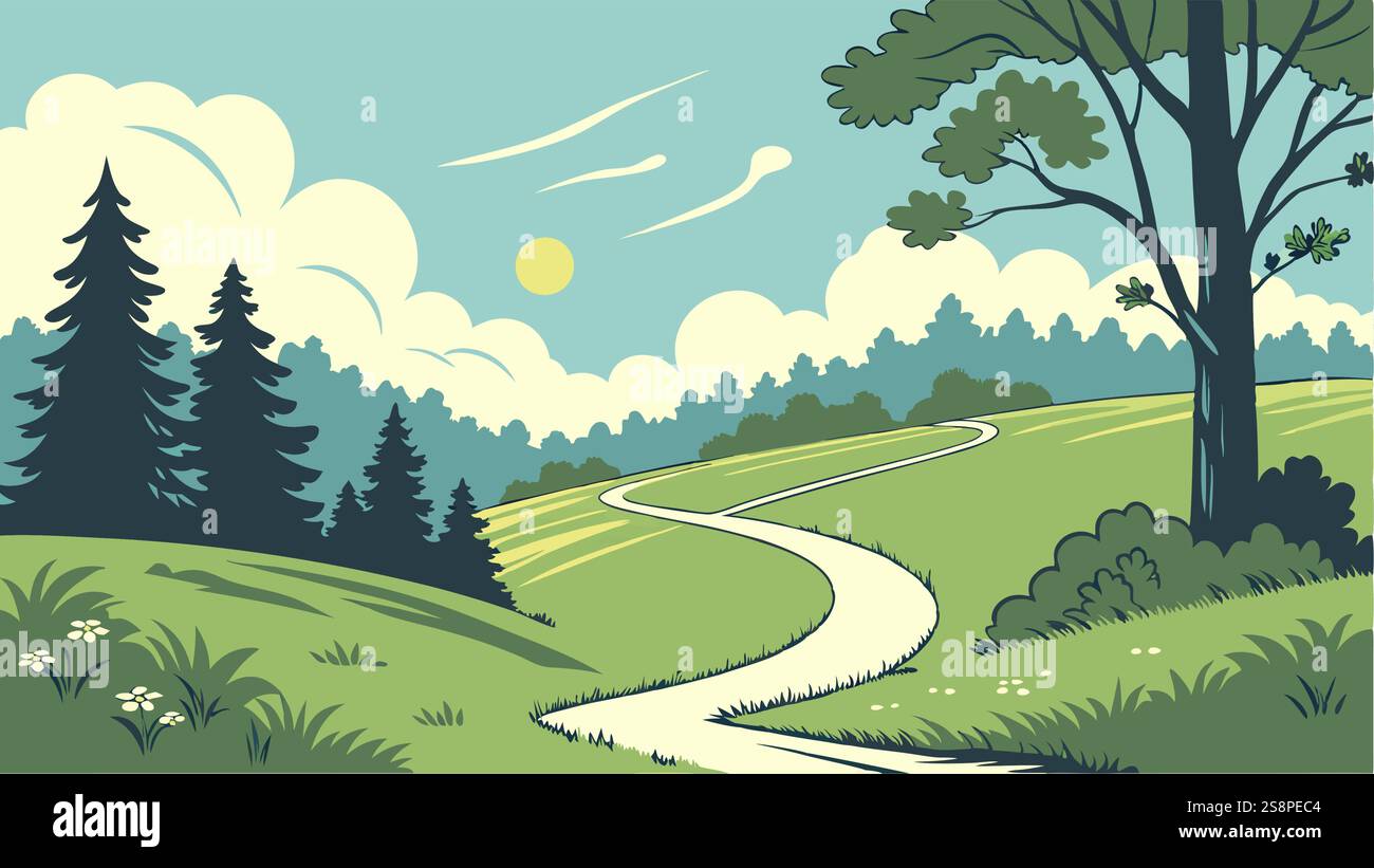 Summer Landscape Road Blue Cloud Sky With Sun Green Grass Forest Flat ...