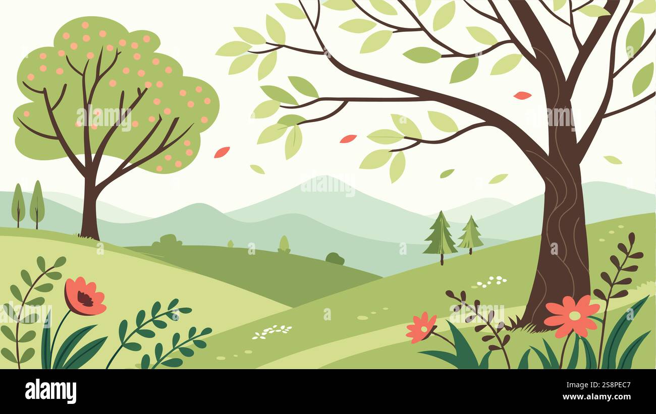 Vector illustration in flat style. Spring landscape with trees ...