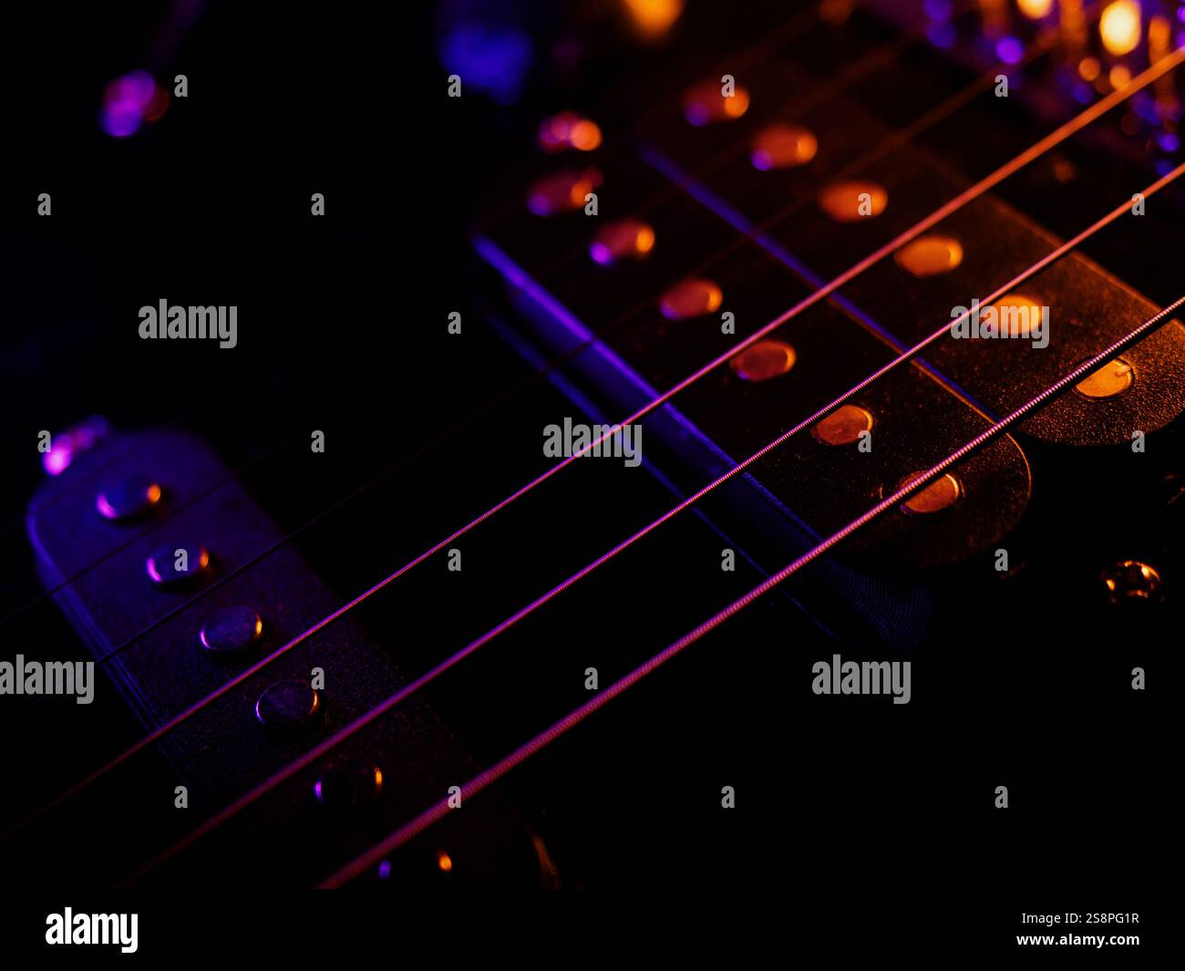 Electric guitar strings close up. Musical instrument details. Concert ...