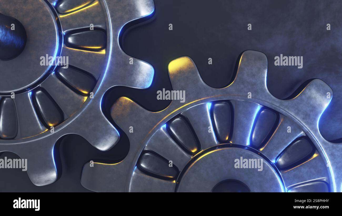 Typical connected solid shiny gears 3D illustration Stock Photo - Alamy