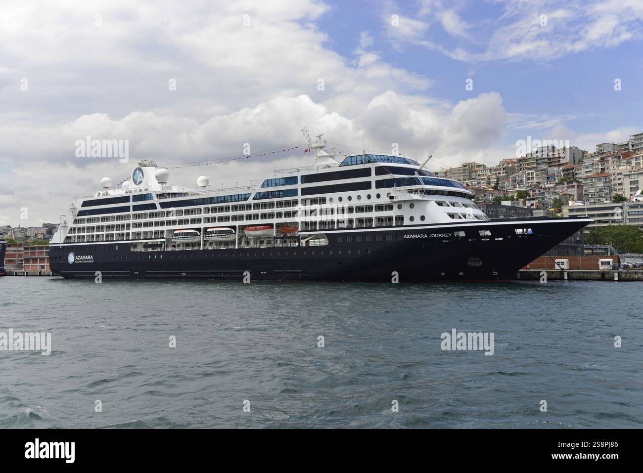 Dark blue cruise ship AZAMARA CLUB CRUISES, cruise ship at the harbour ...