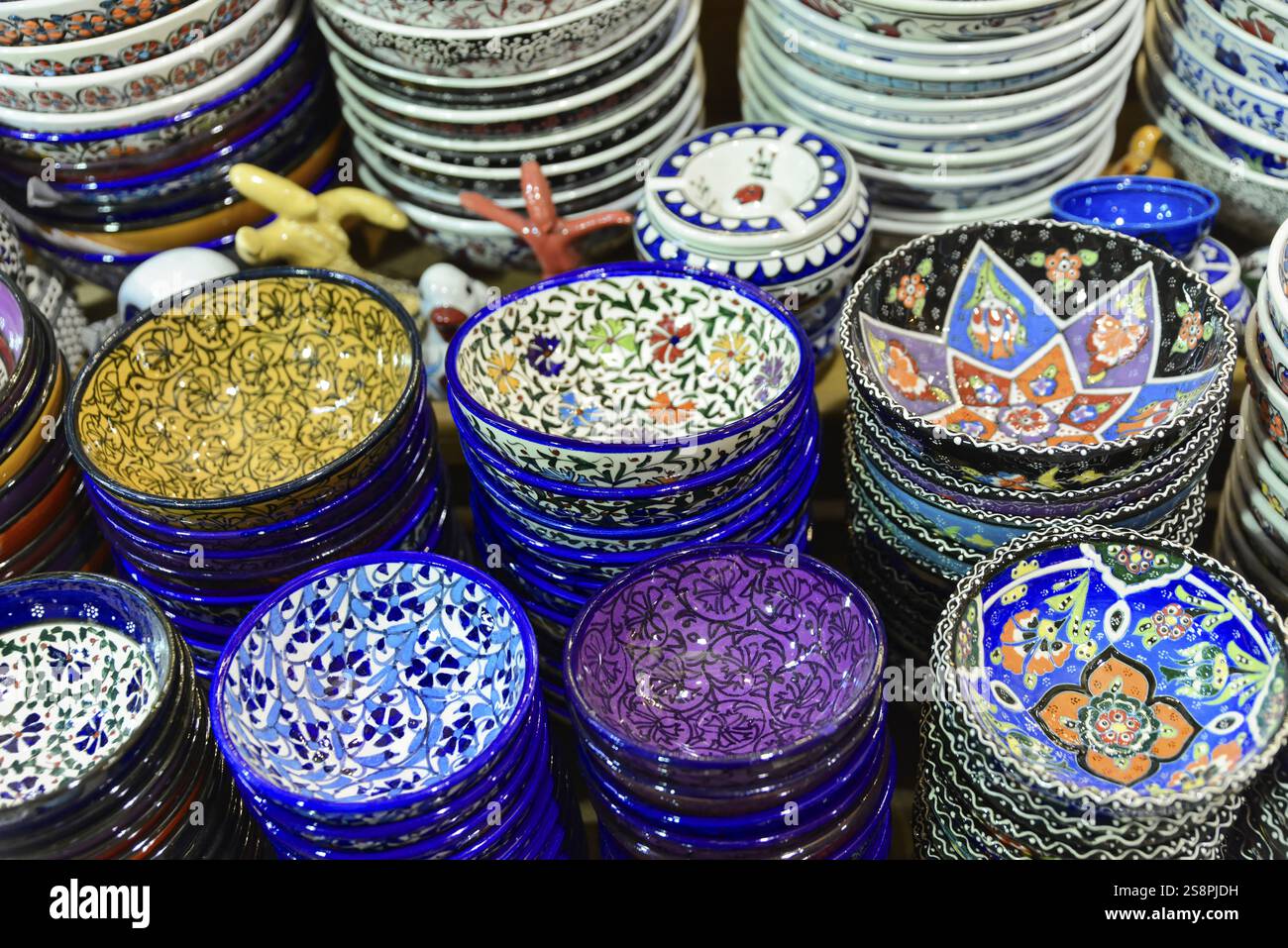 Grand Bazaar, Istanbul, Turkey, Asia, Stack of colourful ceramic bowls ...