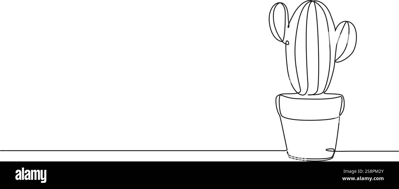 continuous single line drawing of potted cactus, line art vector ...