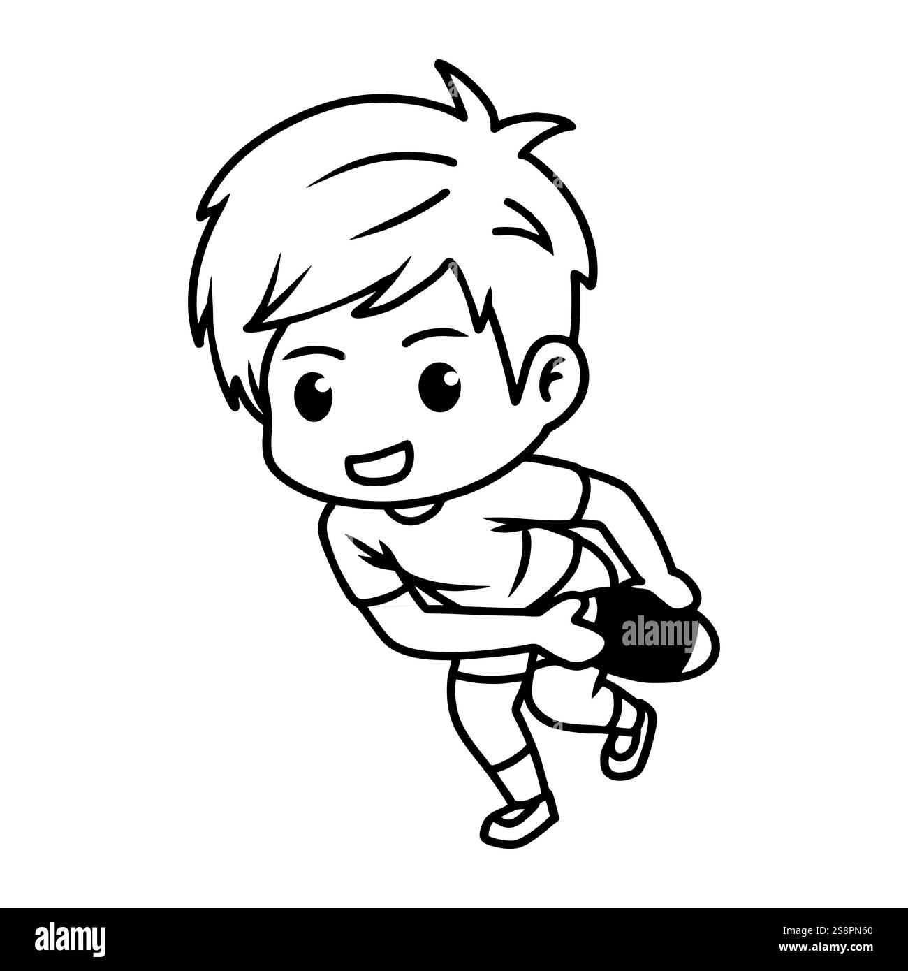 Boy rugby player holding a rugby ball in running pose, chibi mascot character. black line art ...