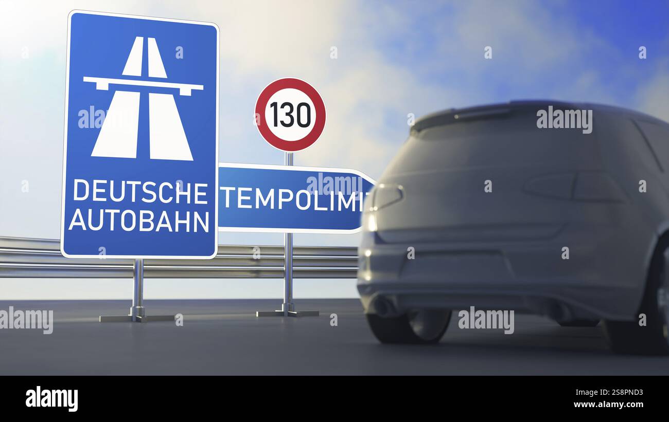 Speed limit on German freeway with signs in german language. 3D ...