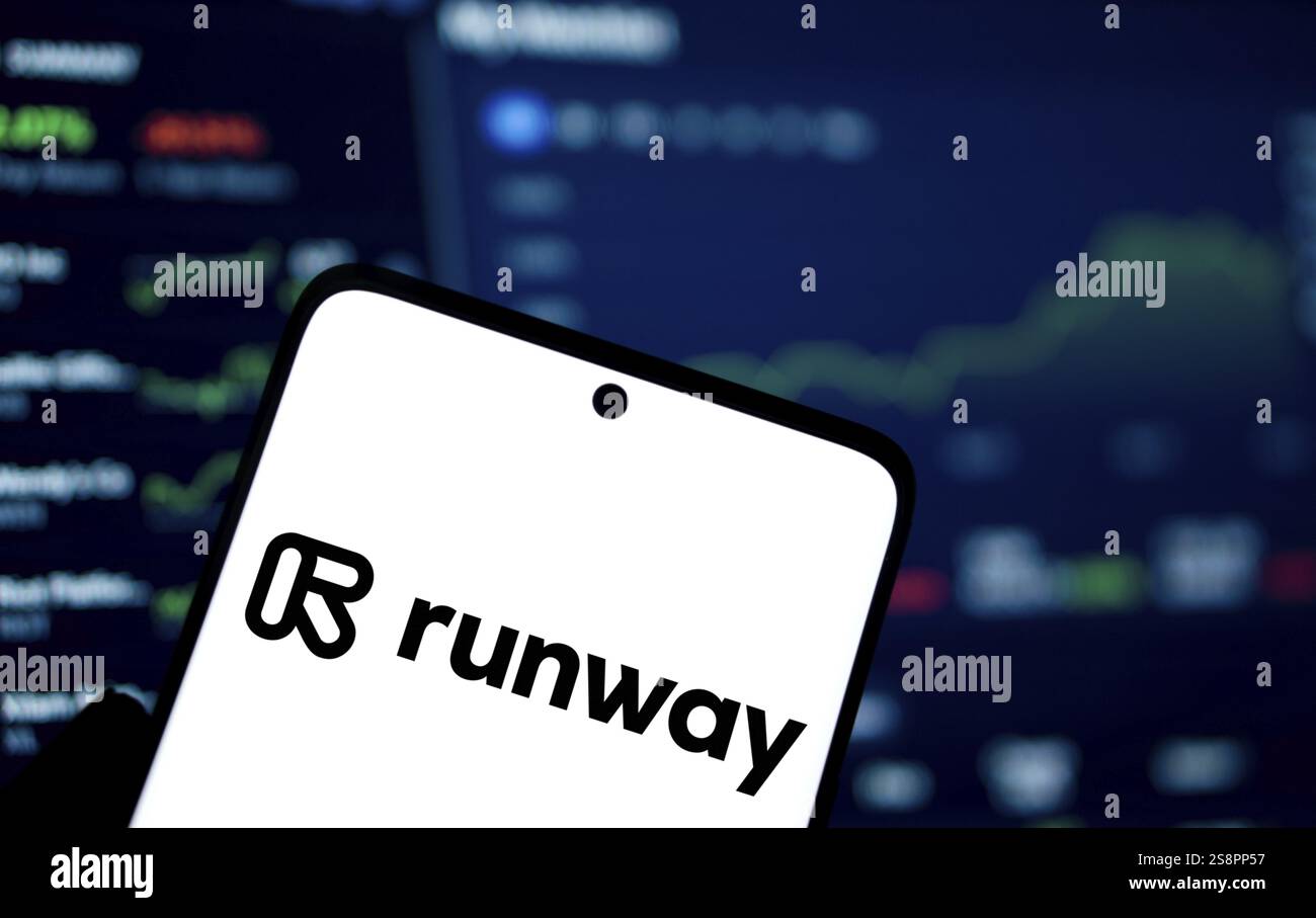 runway logo is displayed on smartphone. Runway AI Inc is an American ...