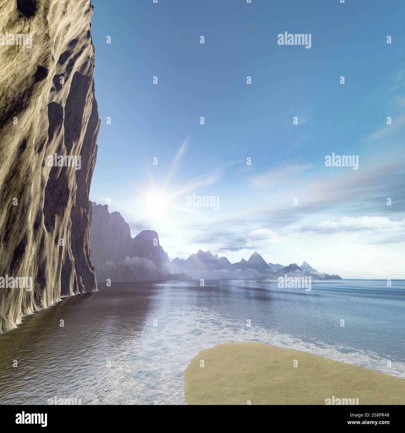 Beautiful rock face ocean scenery 3D illustration Stock Photo - Alamy
