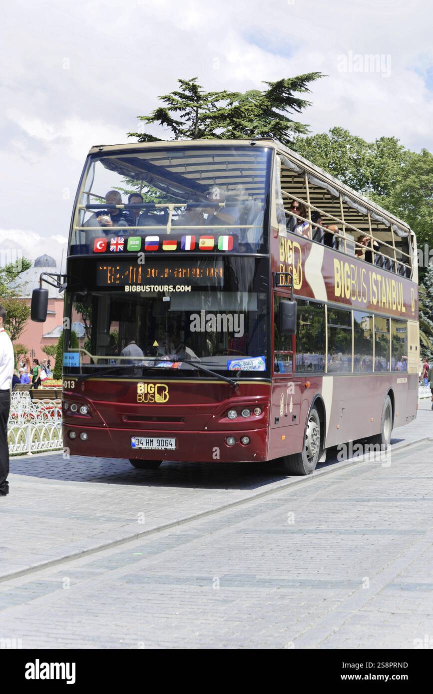 Large double-decker bus drives tourists through the streets, Istanbul ...