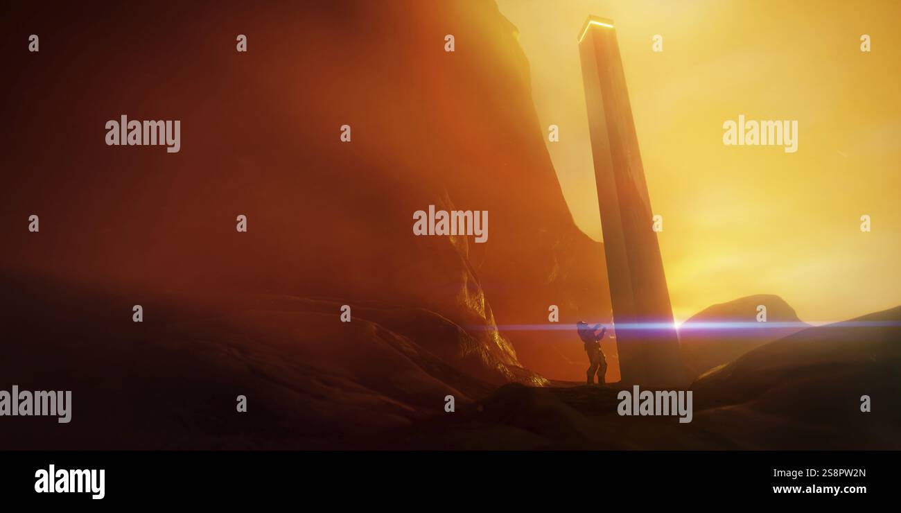 Explorer at monolith, science fiction 3D illustration Stock Photo - Alamy
