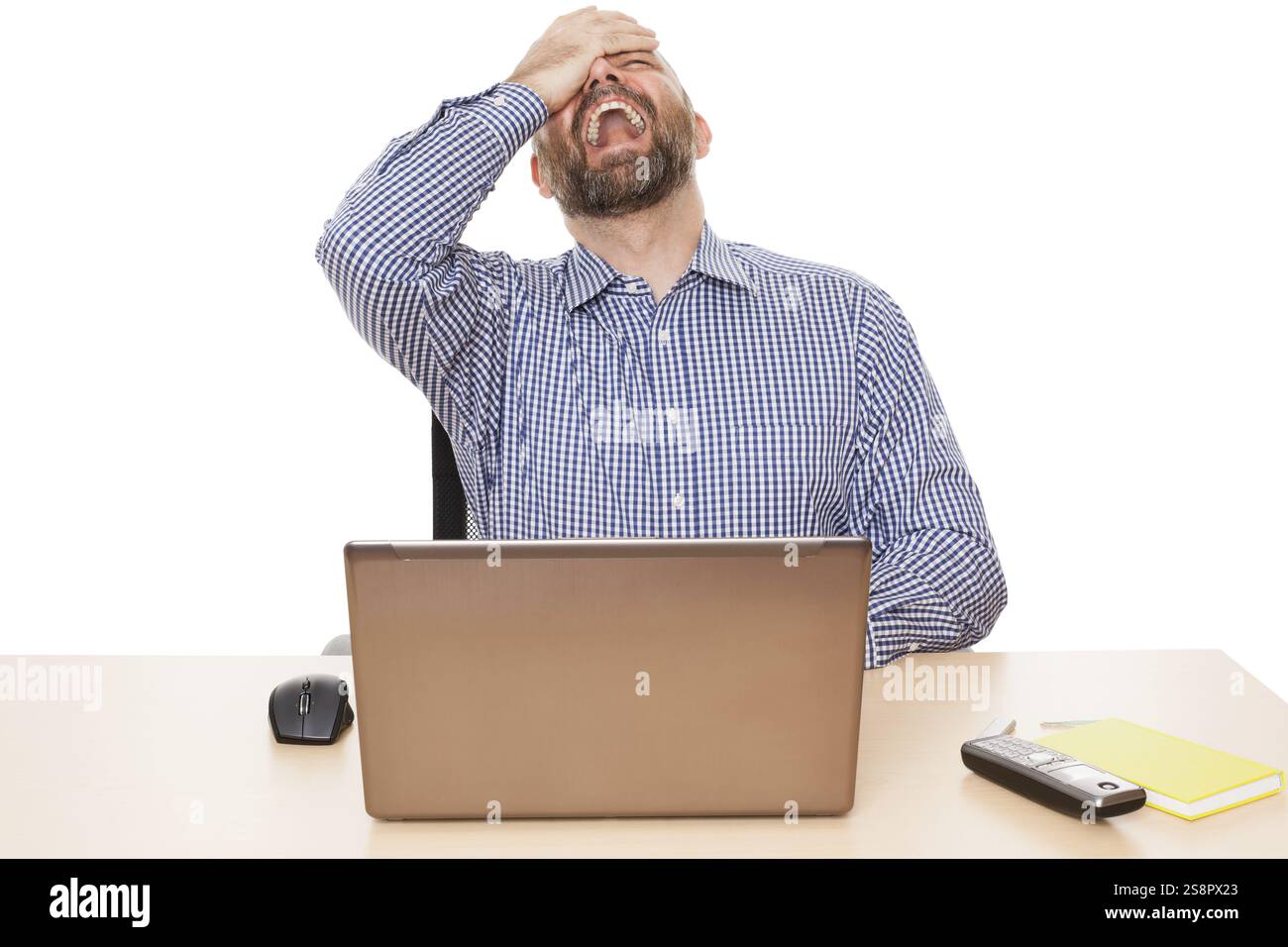 A crying man in front of his PC isolated on white background Stock ...