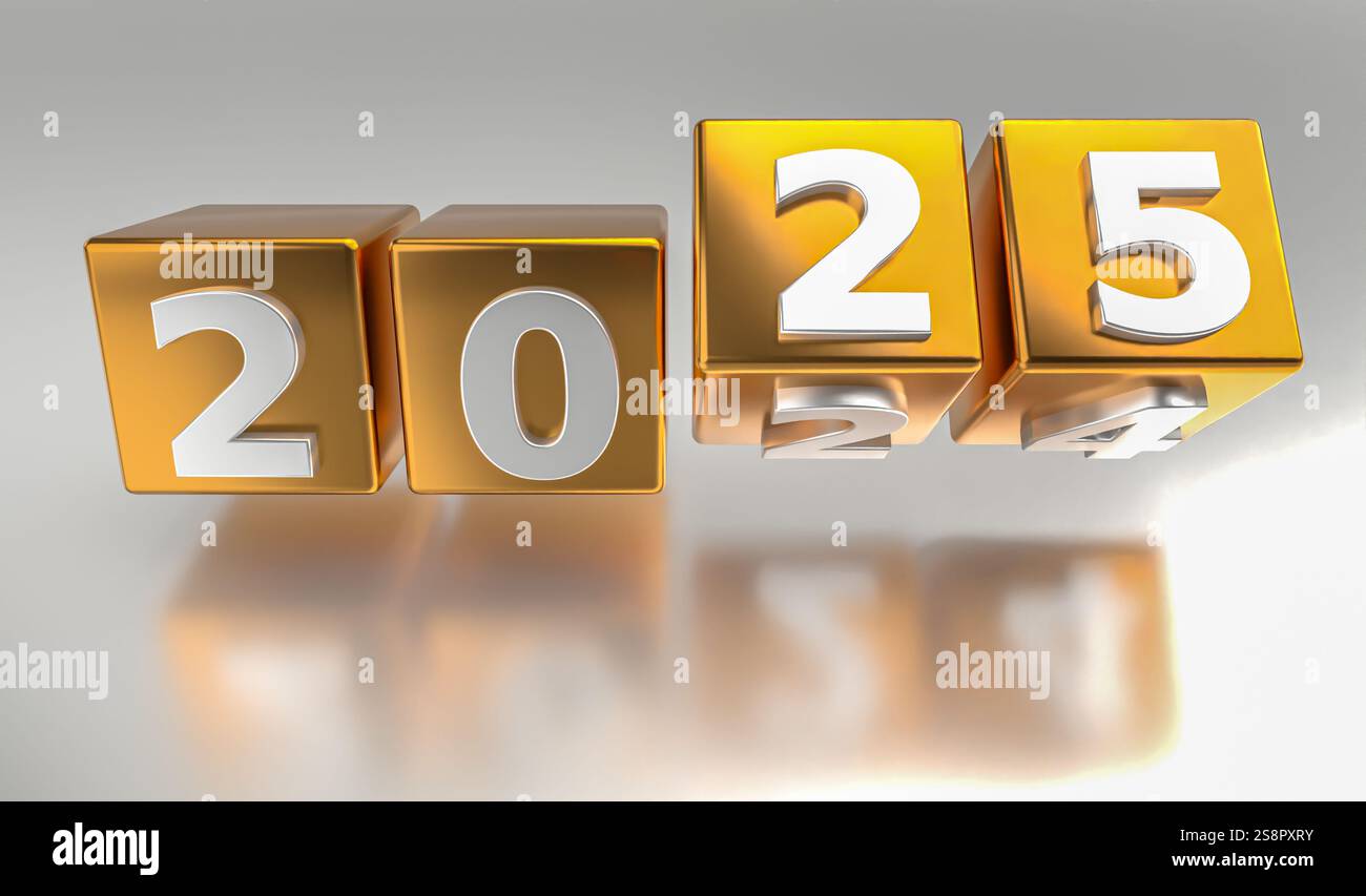 New year holiday concept. Cubes with number 2025 replace 2024. 3d ...