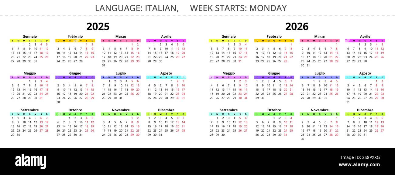 2025 and 2026 italian color calendars. Vector illustration year set for ...
