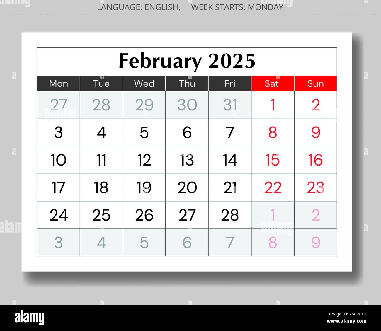 2025 february calendar. Vector English monthly page. Design with Monday ...