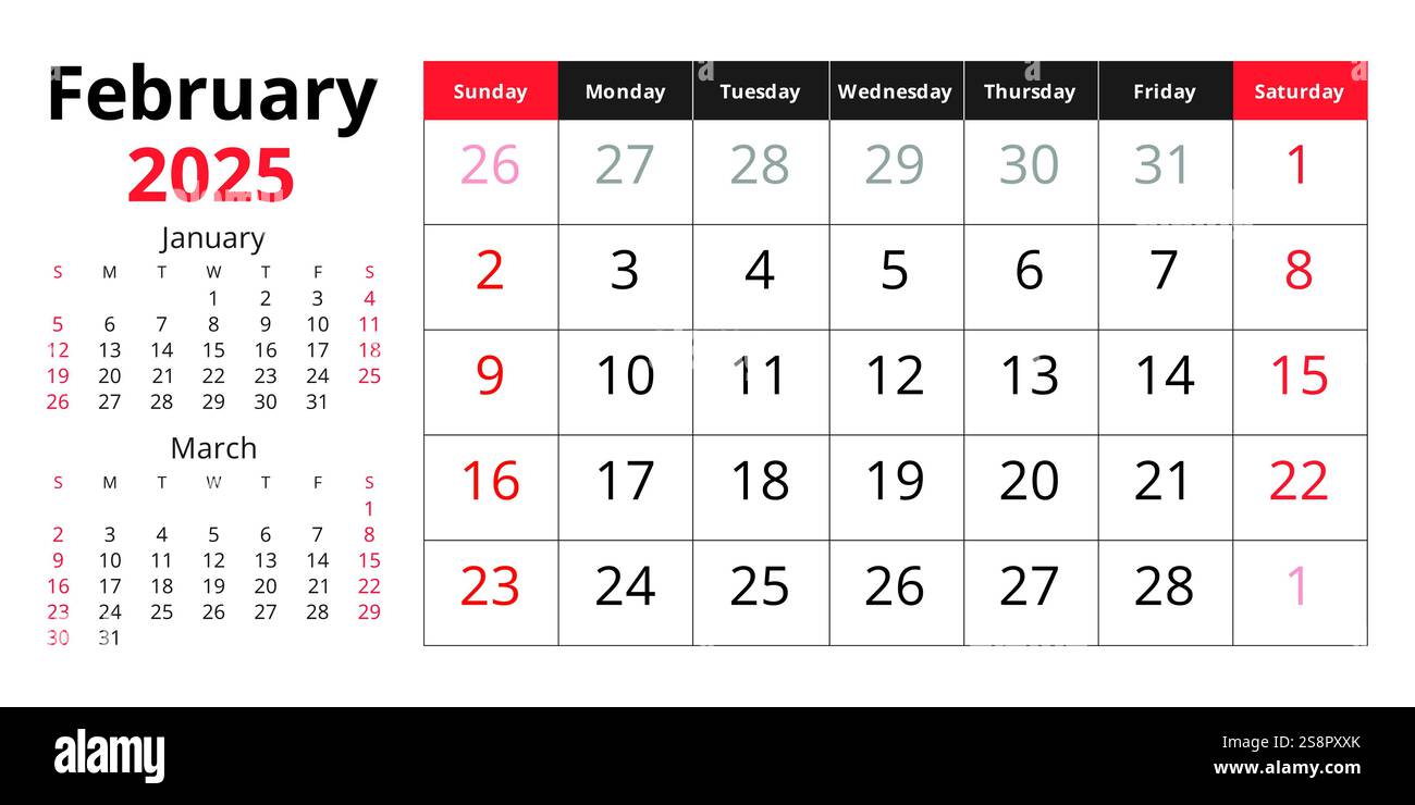 2025 february calendar. Vector English monthly. Winter month. Design with Sunday start Stock ...