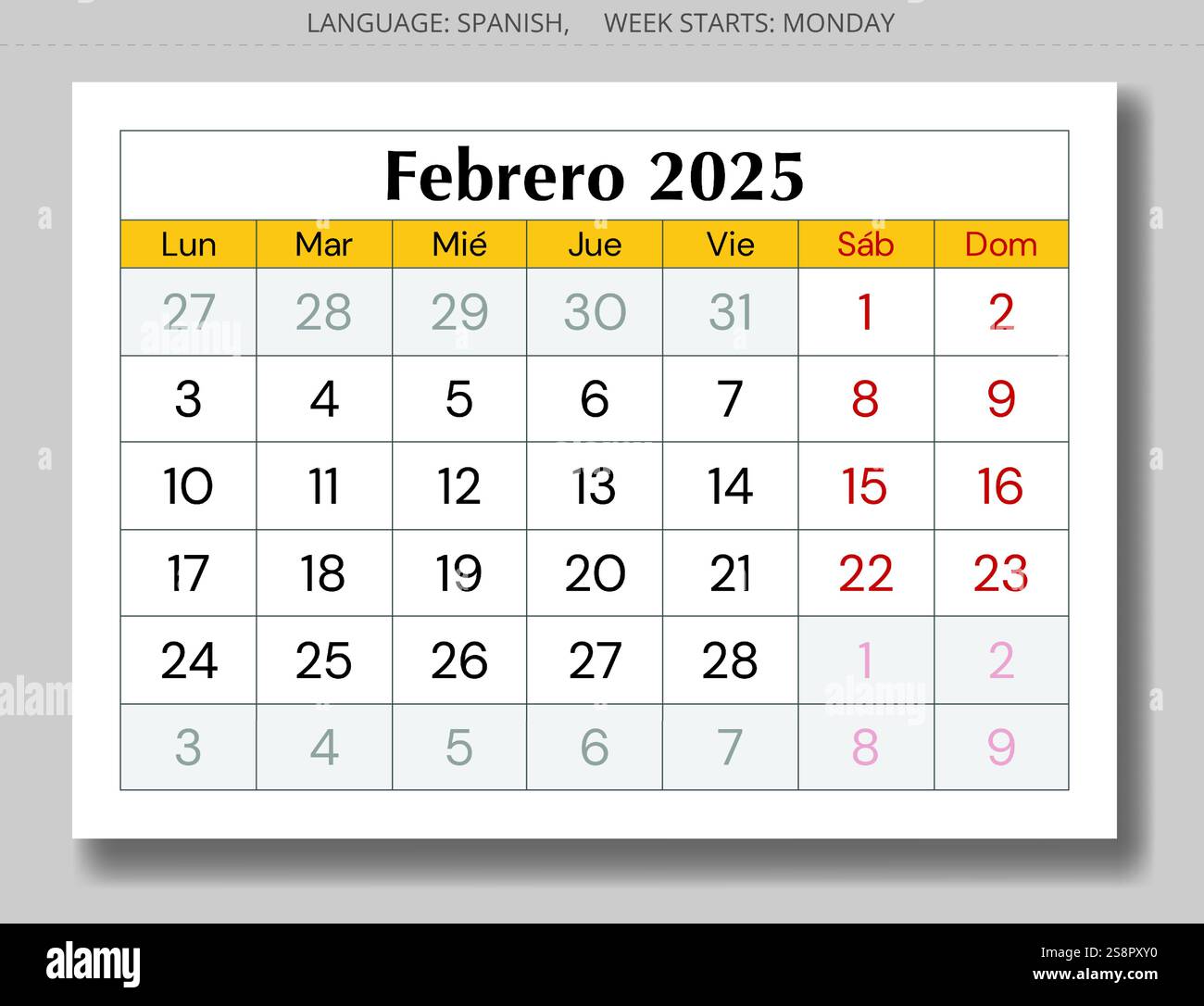 Page of 2025 Spanish february calendar - month febrero. Vector ...