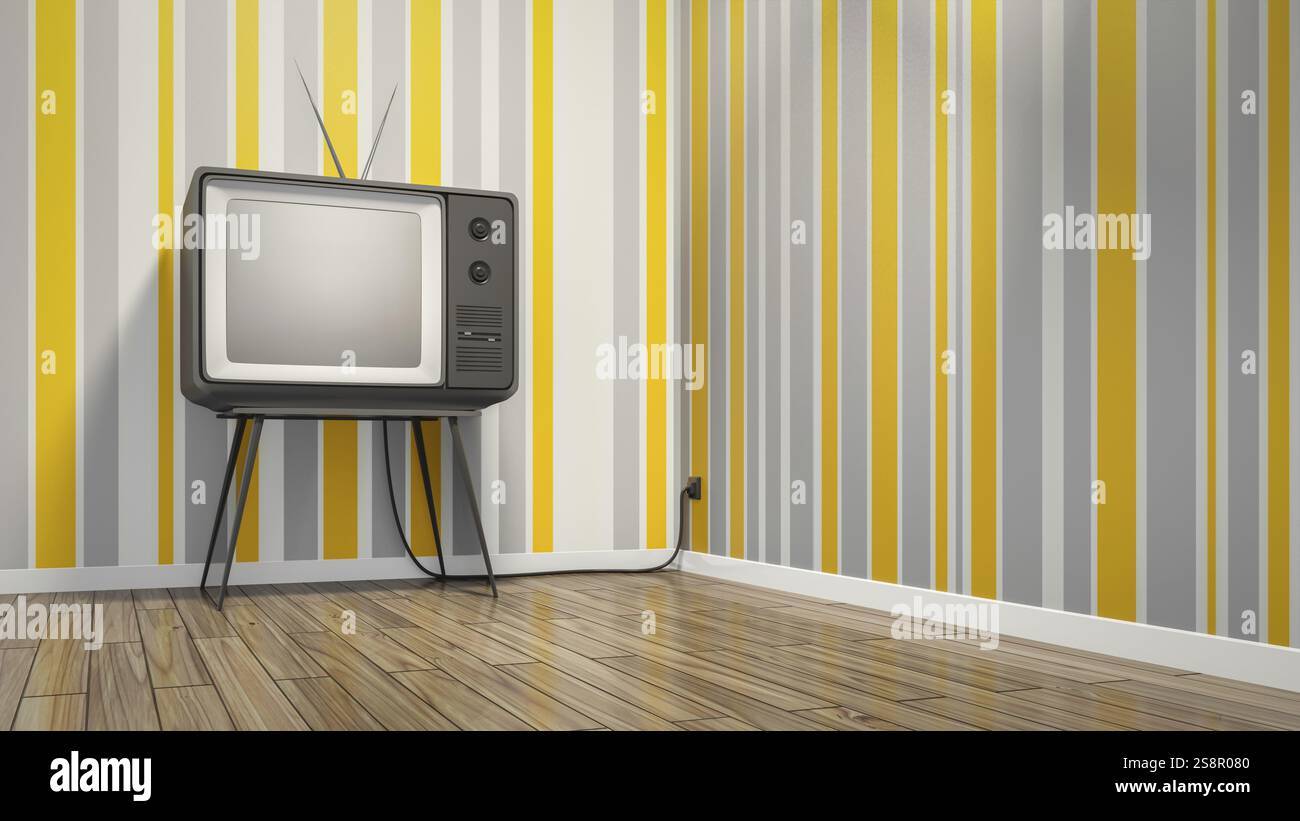 An old vintage tube television in seventies style room 3D illustration ...
