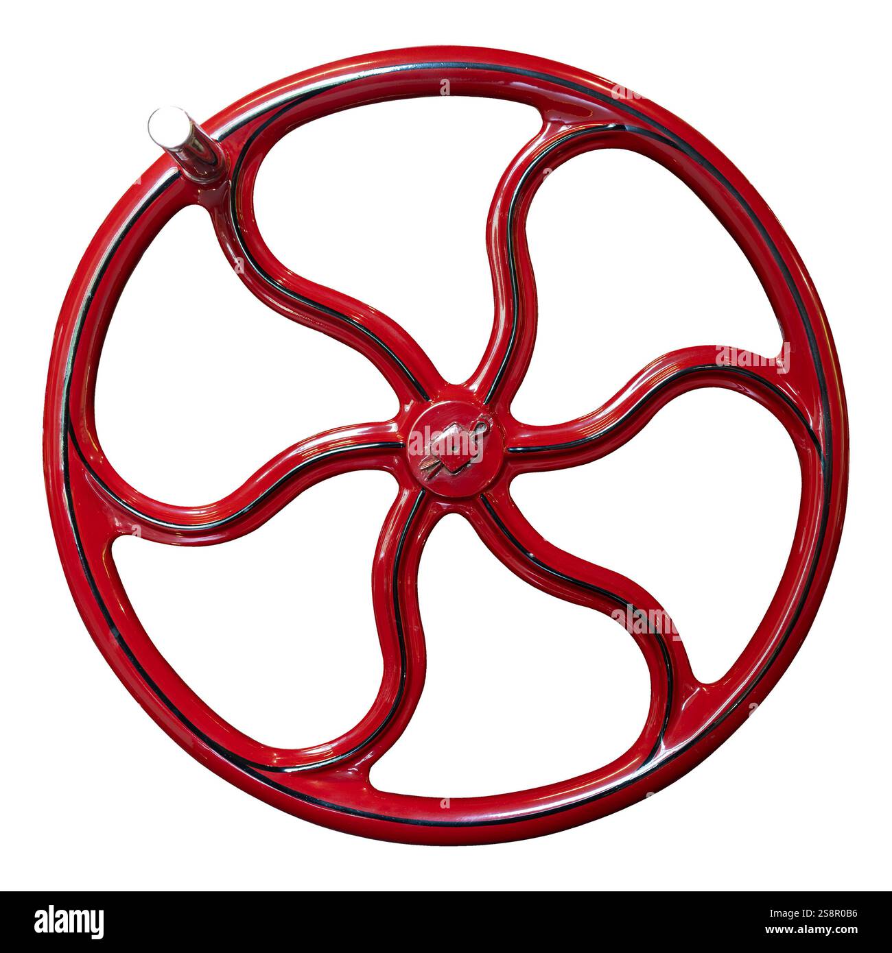 A red vintage wheel featuring bold curved spokes isolated on a white ...
