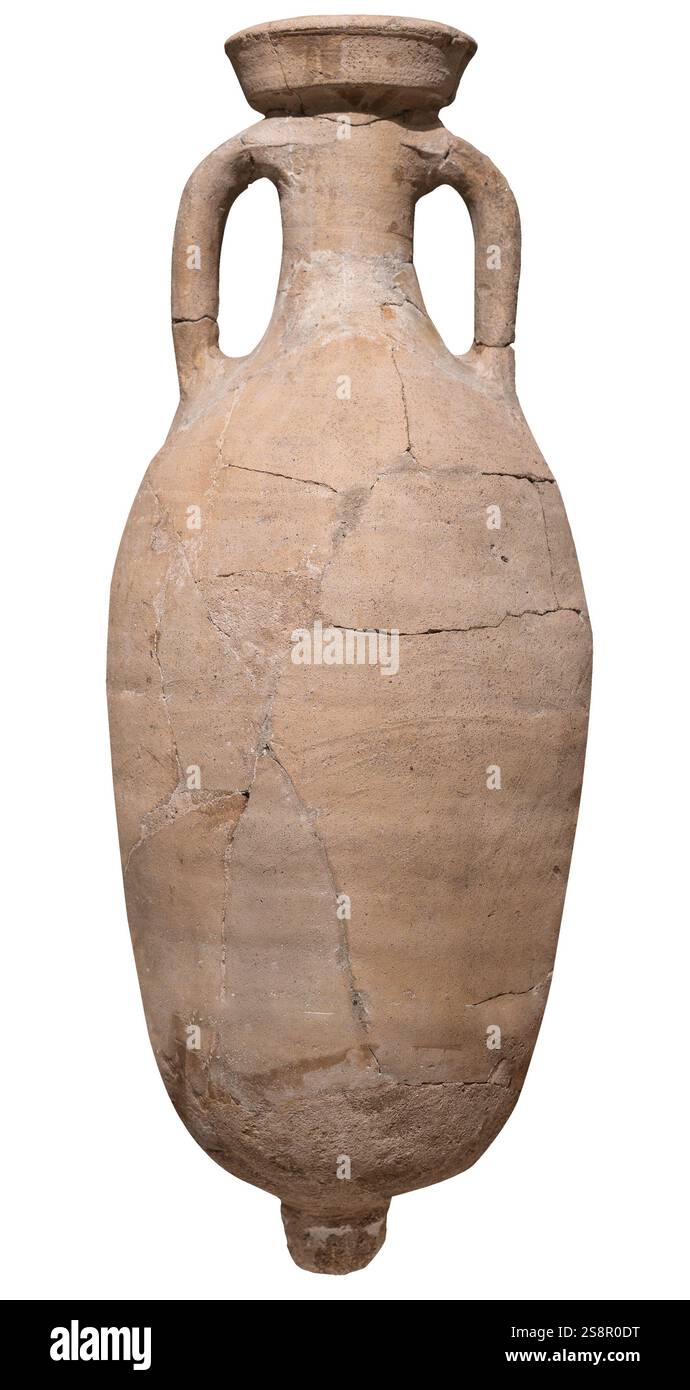 An ancient clay amphora displayed on a white background illustrating ...