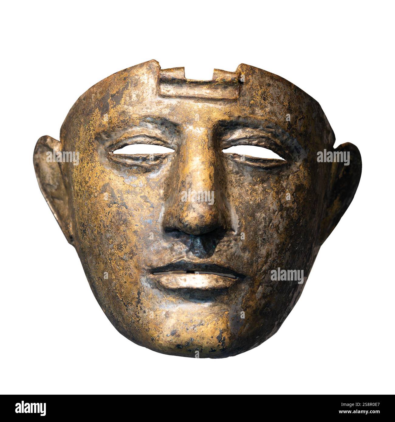 Closeup of a golden antique mask with detailed craftsmanship isolated ...