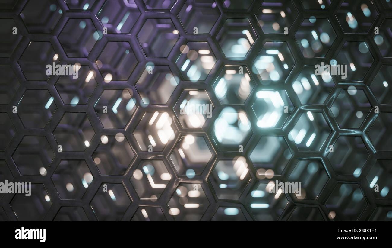 Hexagonal science fiction light reflections background. 3D illustration ...
