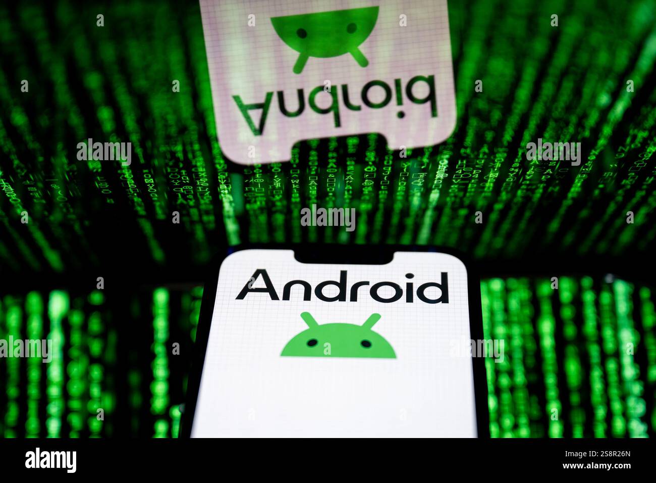 In this photo illustration, the Android logo seen displayed on a ...