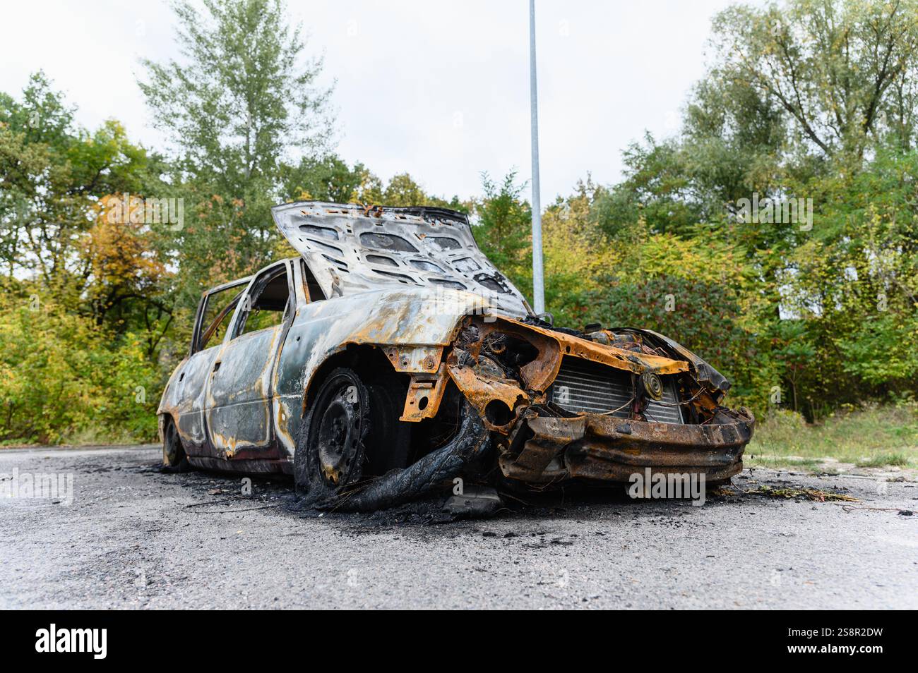 A completely burned car with its hood open, abandoned on the roadside ...