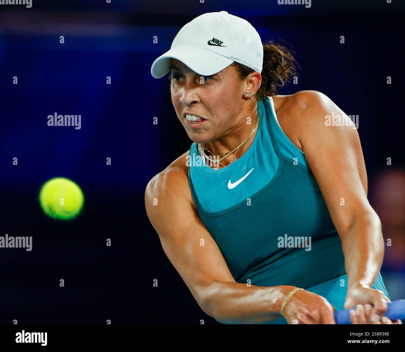 Melbourne, Australia. 23rd Jan, 2025. Madison Keys hits a return during ...