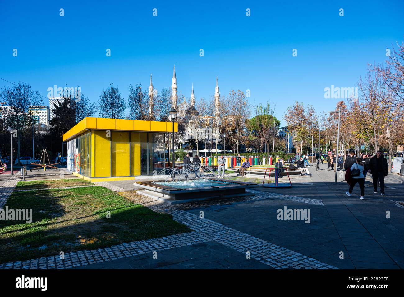 Colorful square and playground and Boulevard Bajram Curri near the ...