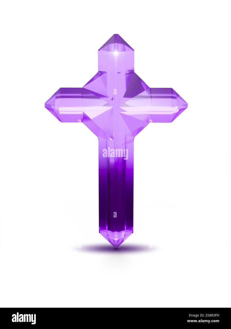 Purple crystal cross religious symbol on white background 3D ...