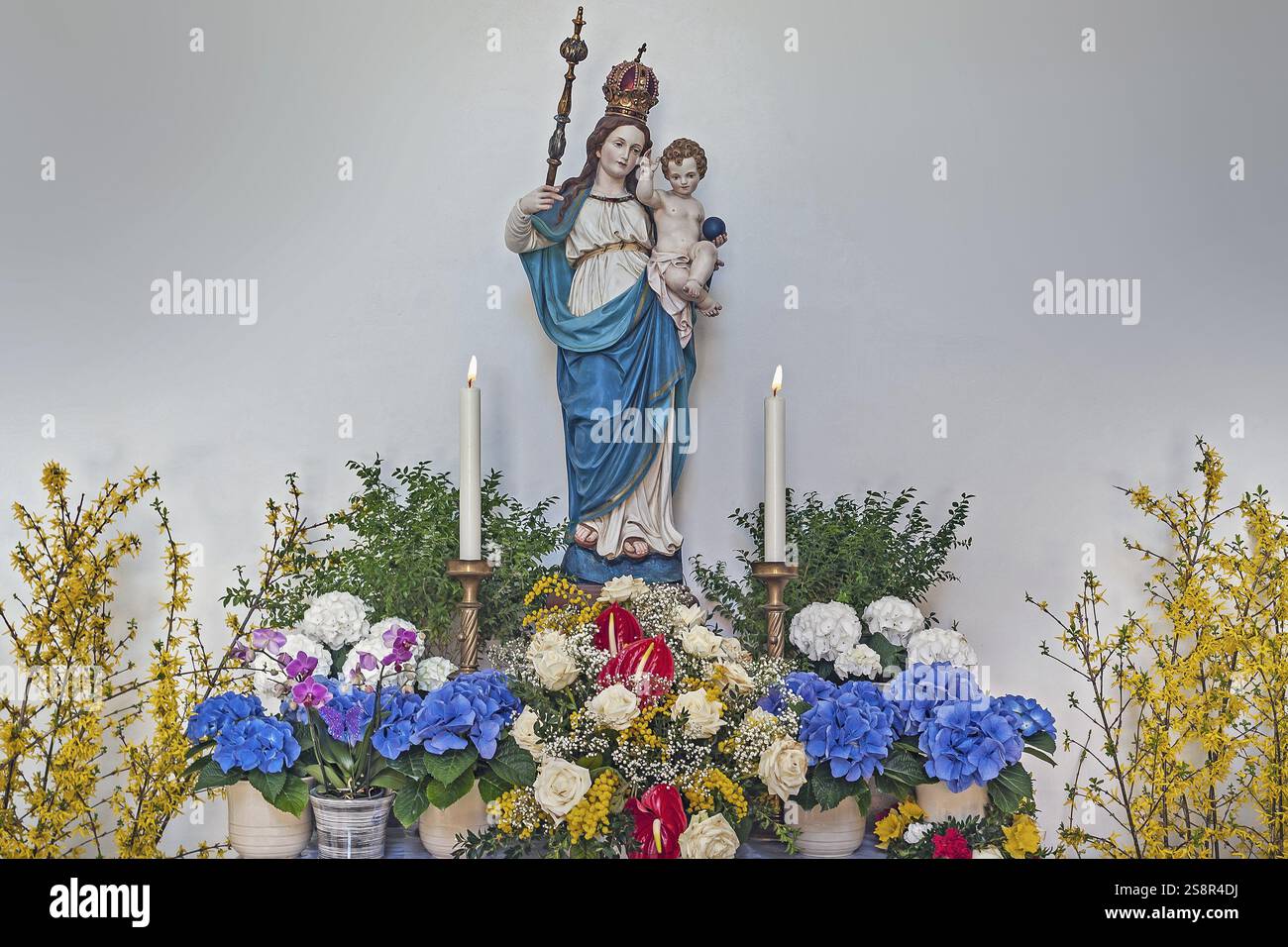 Figure of the Virgin Mary with crown Christ Child and floral decoration ...