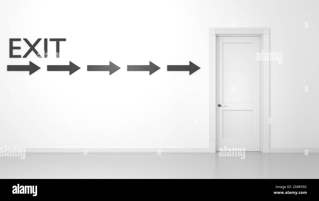 Door with exit sign on the wall 3D illustration Stock Photo - Alamy