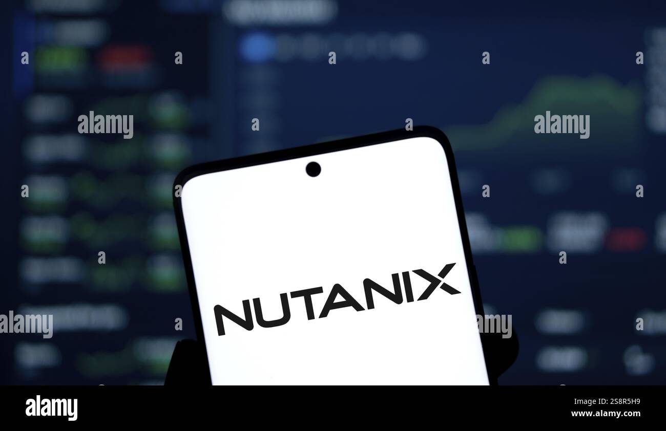 Nutanix logo is displayed on smartphone. Nutanix Inc is an American ...