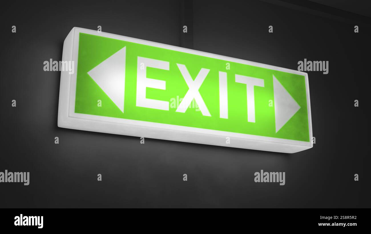 Green exit sign light. 3D illustration Stock Photo - Alamy