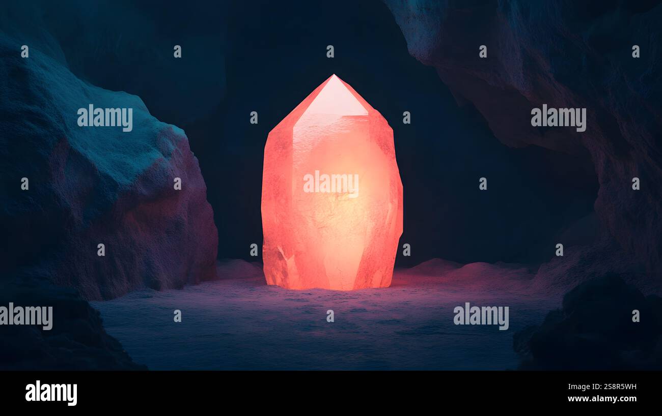 Glowing crystal emerging from the ground in a dark cavern,mysterious ...