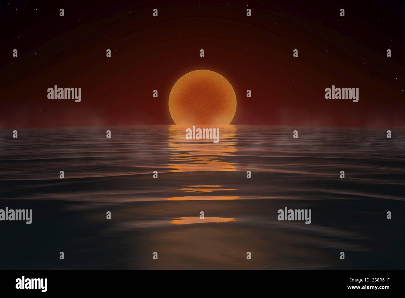 A sunset at a science fiction planet water world. 3D illustration Stock ...