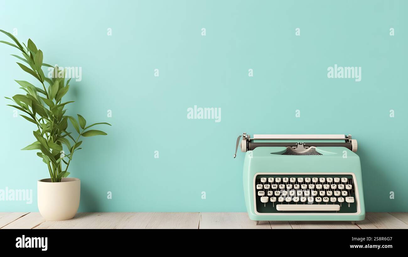 Vintage mint condition typewriter placed on a pastel rustic wooden desk ...