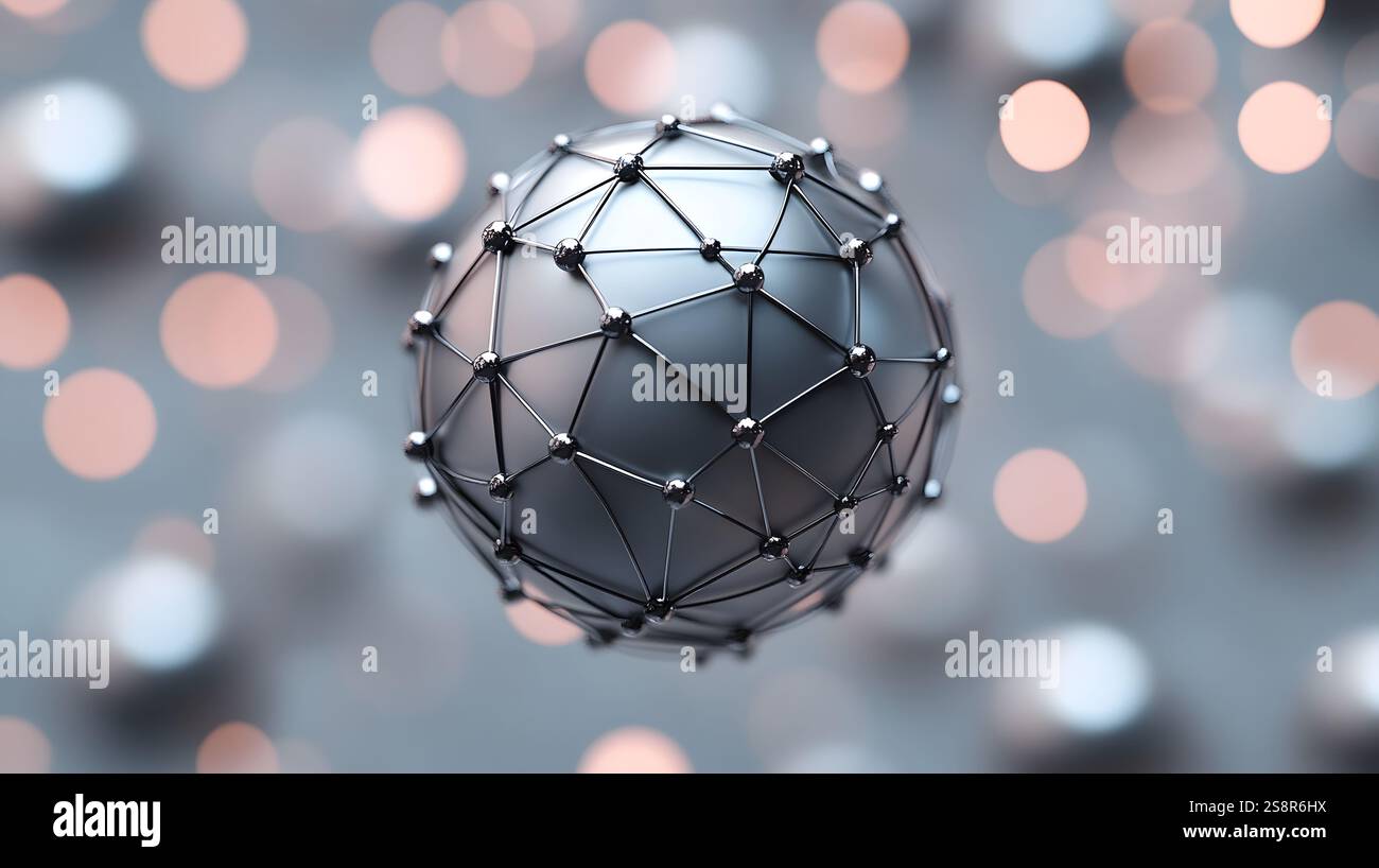 Interconnected Global Network Sphere in Pastel Silver Digital - Futuristic 3D Wireframe Concept ...