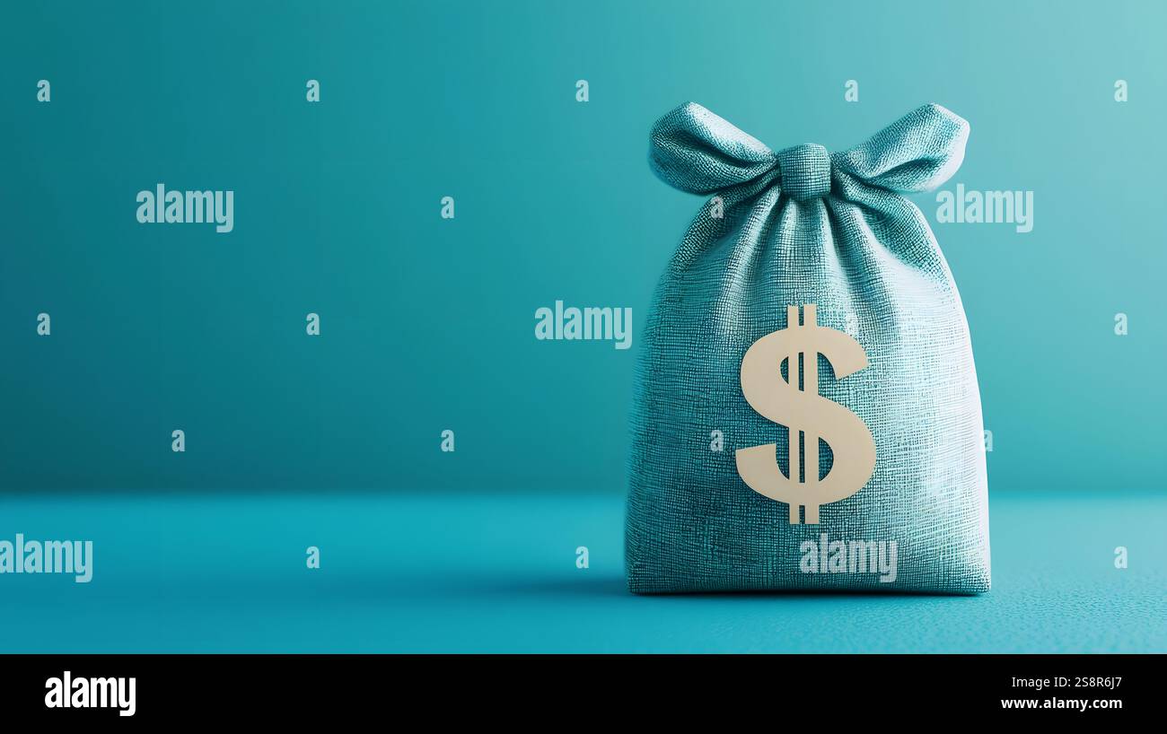 Stylized Money Bag on Pastel Blue Bank Scene 3D A digital render of a ...