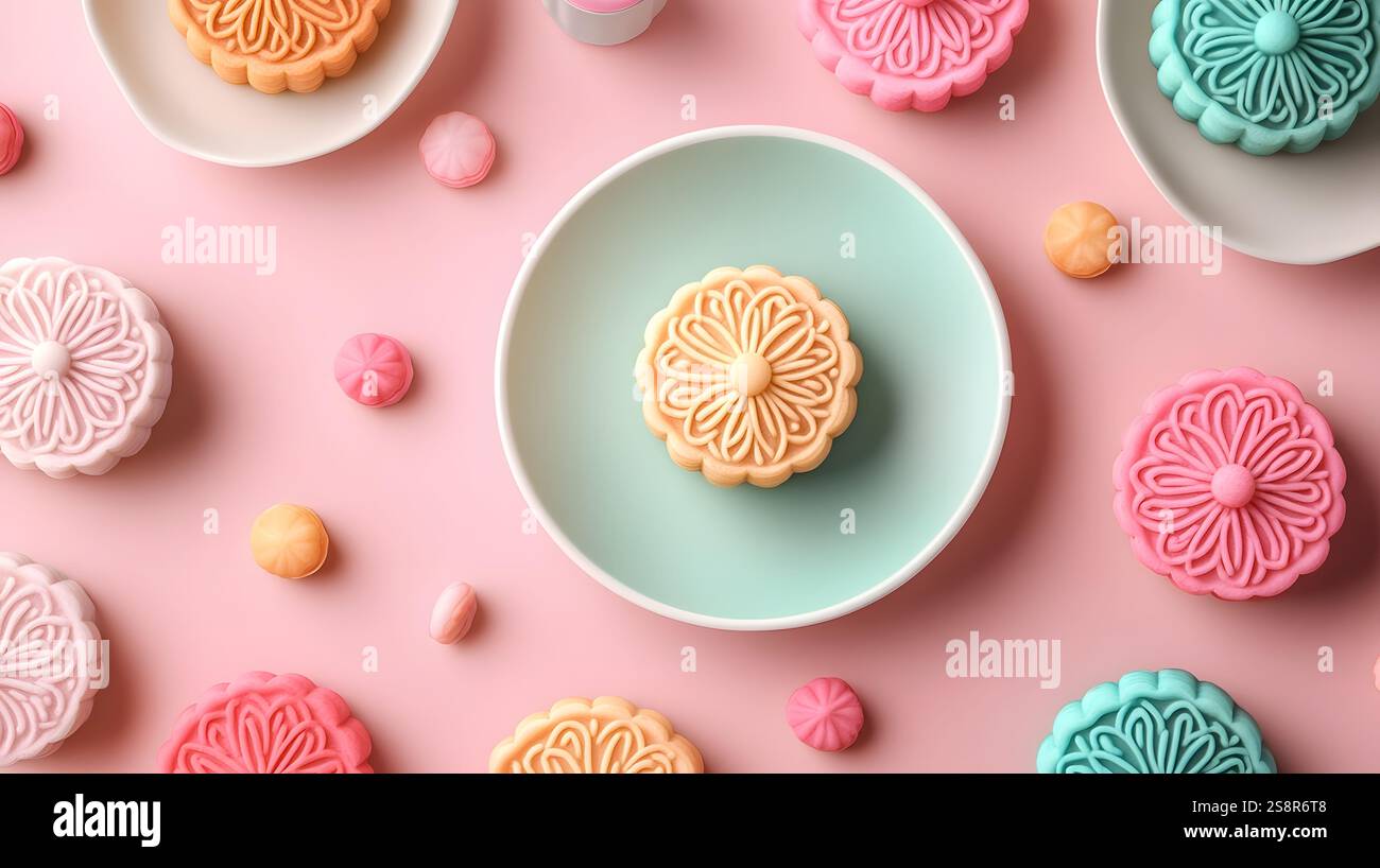Mooncake with Traditional Floral Design Displayed on a Pastel Colored ...