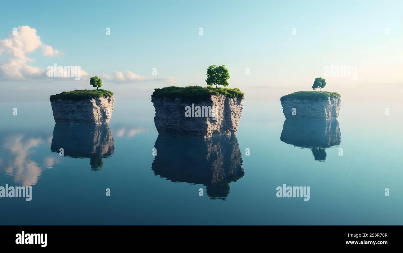 Mesmerizing surreal landscape with floating rock islands connected by ...
