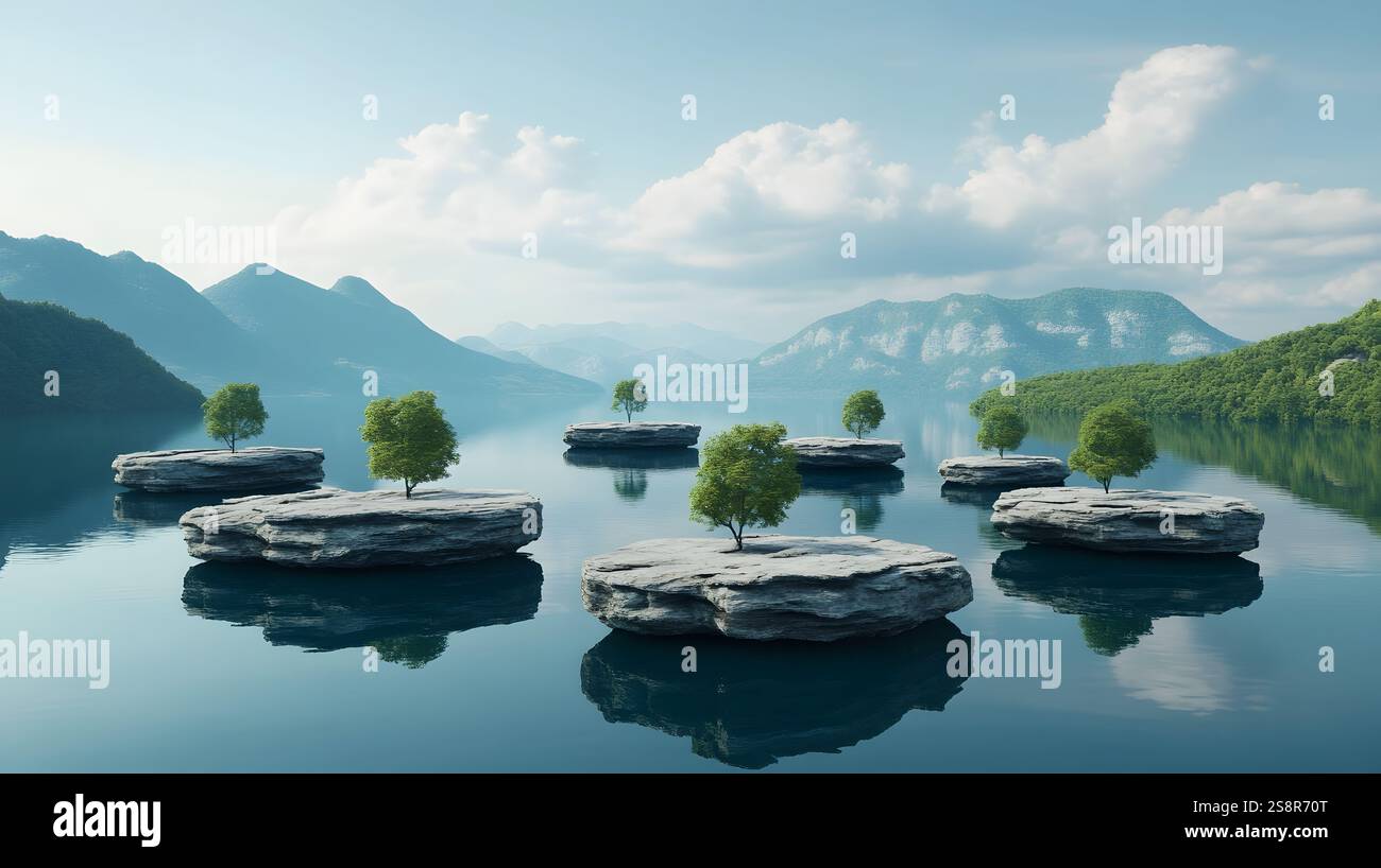 Surreal landscape with floating rock islands connected by vines ...