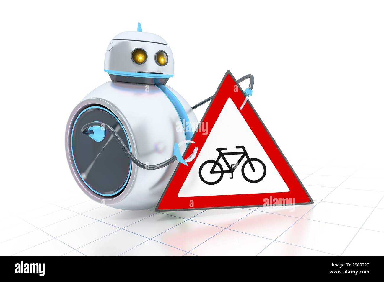 A sweet little robot and a road sign with a bicycle Stock Photo - Alamy
