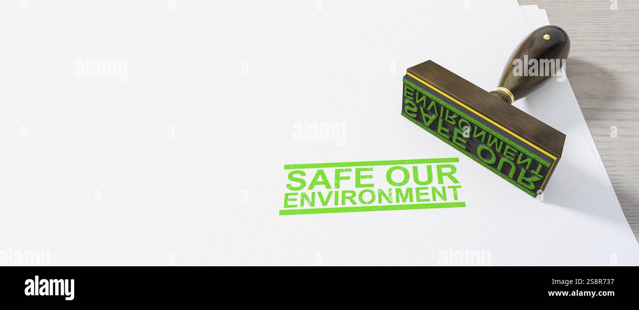 Green safe our environment stamp on white paper background 3D ...
