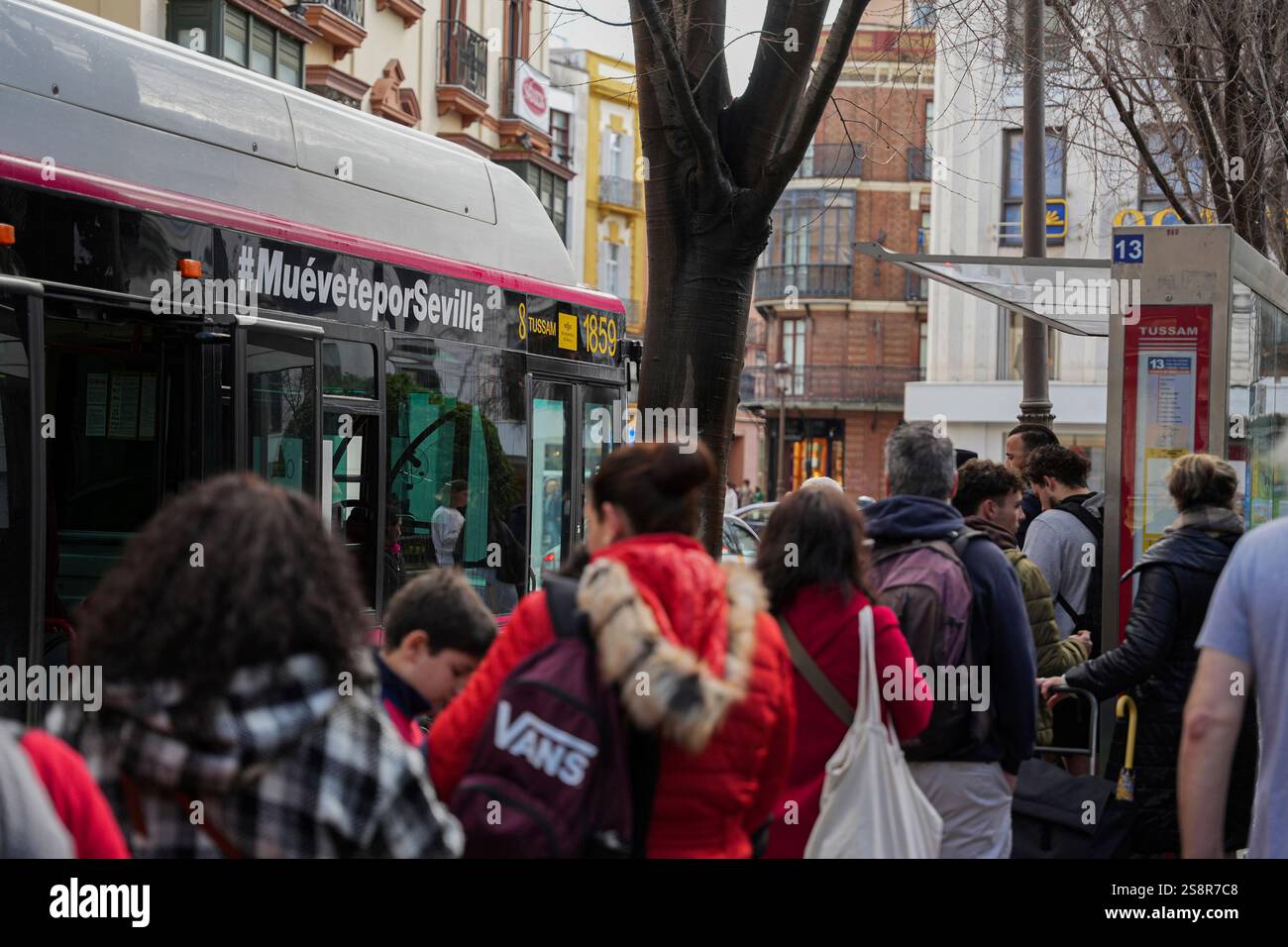 Tussam bus circulating in the city center. On January 23, 2025, in ...