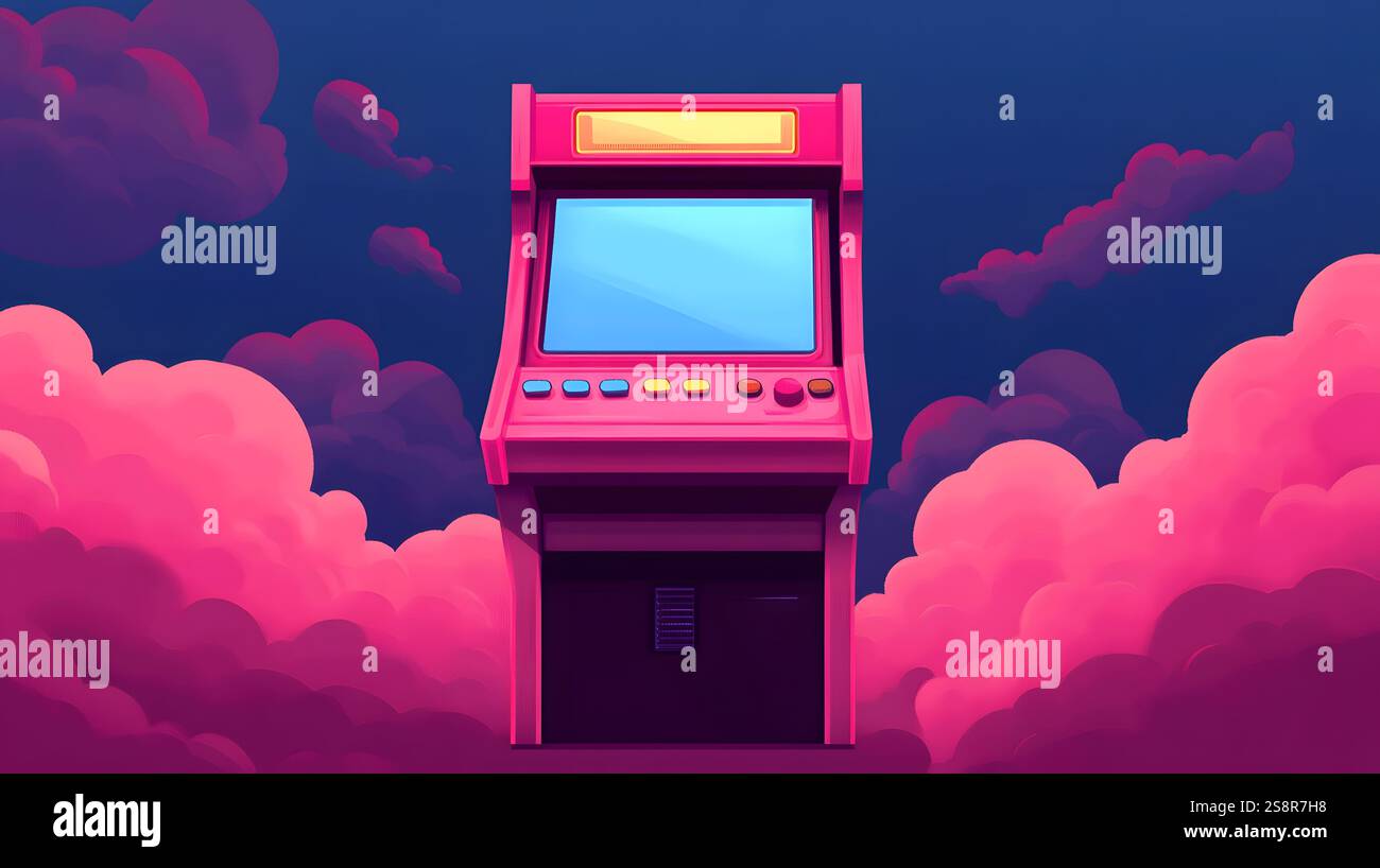 Retro arcade machine surrounded by swirling,vibrant pixel art clouds in ...