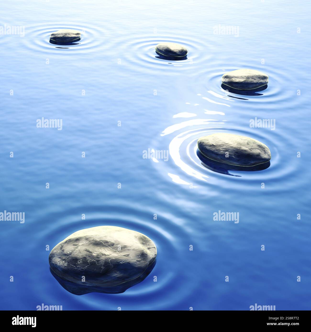 Pebble stones in water with ripples background 3D illustration Stock ...