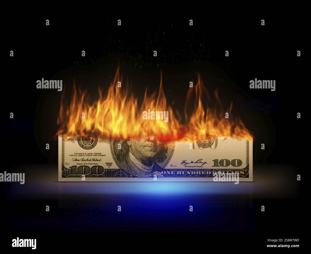 An illustration of a burning 100 dollar bill Stock Photo - Alamy